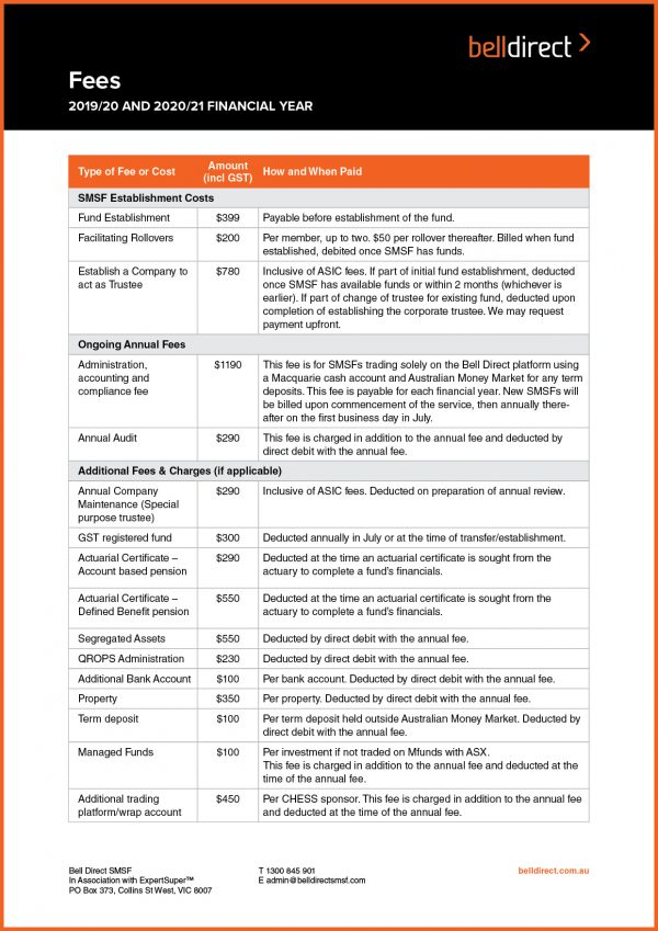 Bell Direct Fee Schedule & Terms and Conditions - ExpertSuper